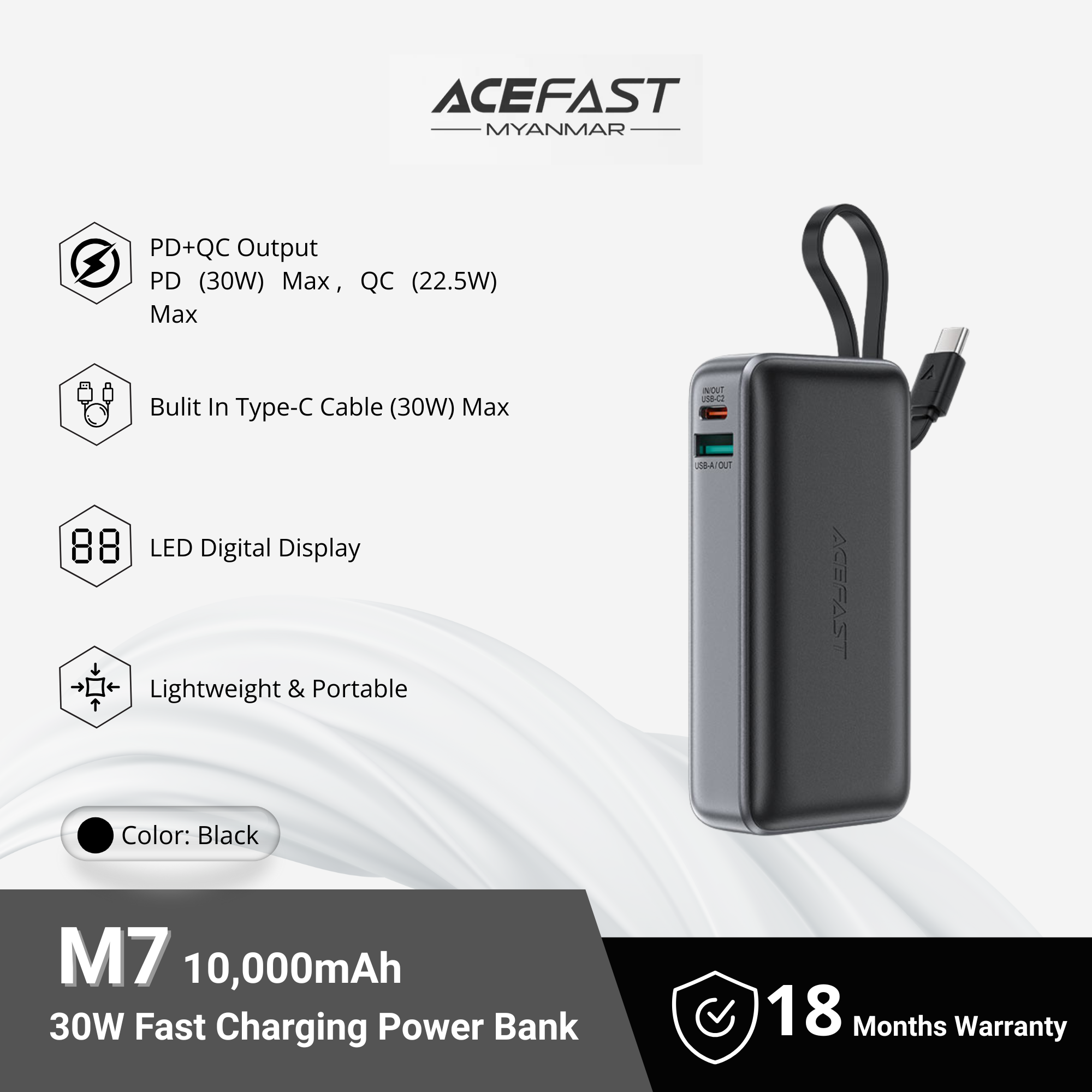 ACEFAST - M7 10000mAh PD+QC Fast Charging Power Bank (30W) - Black – besttrend-online